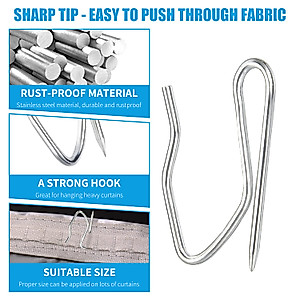 Metal Curtain Hooks, 58PCS Drapery Hook Pins 1.2 Inch Stainless Steel Pin-on Hooks for Window Curtain, Shower Curtain, Door Curtain, Silver