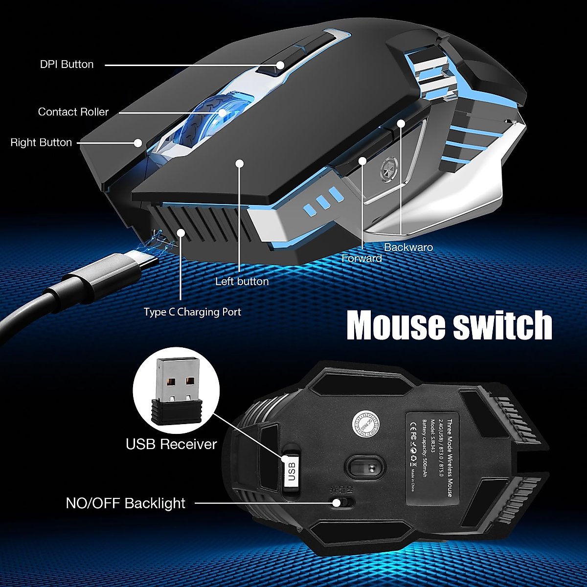 Wireless Gaming Mouse Bluetooth Mouse, RGB Rechargeable Multi Device Mouse, Quiet Click, 7-Color Backlit, LED Light up Computer Mice for Laptop PC iPad Tablet MacBook Chromebook Office Games - Black