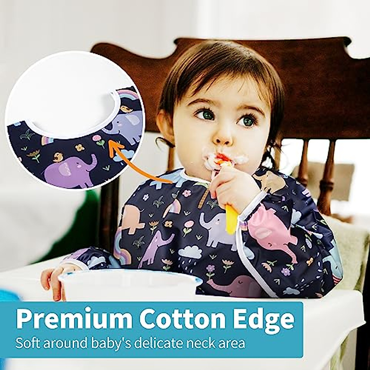 3 Pcs Long Sleeved Bib Set | Baby Waterproof Bibs with Pocket Bundle | Toddler Bib with Sleeves and Crumb Catcher | Stain and Odor Resistance Play Smock Apron - Pack of 3 | 6-24 Months