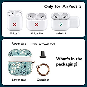 TATOFY Case Cover for AirPods 3, AirPods 3 Case for Women, Flora Protective Hard Case with Carabiner, Led Visible, Wireless Charging Compatible (Cyan)