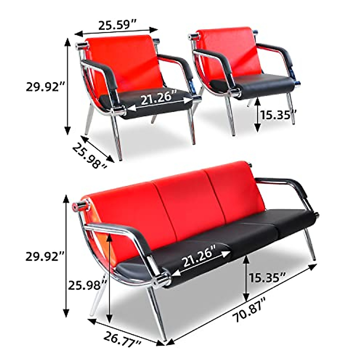 Bestmart INC Office Reception Sofa Set PU Leather Visitor Guest Sofa Executive Side Waiting Room Chair Set, one 3-Seat Sofa & Two 1-Seat Chair, Modern Red & Black