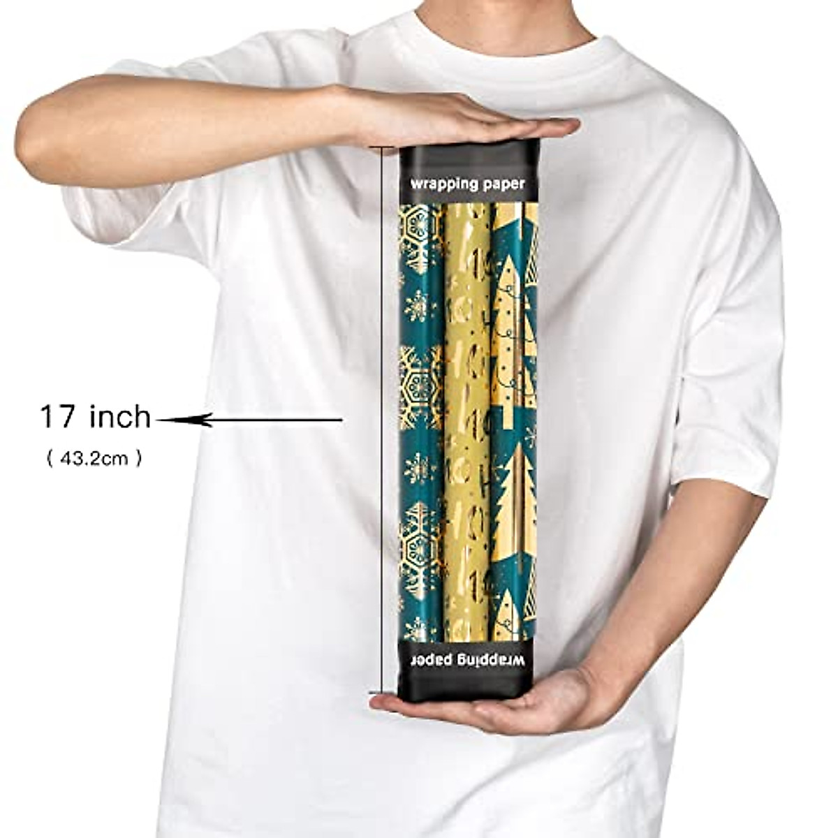 MAYPLUSS Christmas Wrapping Paper Roll - Mini Roll - 17 inch X 120 inch Per roll - 3 Different Dark Green with Glitter Metallic Foil Design(42.3 sq.ft.ttl)