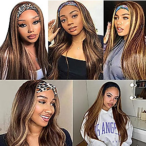 Angels Beauty Headband Wig for Women Black/Brown Long Straight Headband Wig Premium Synthetic Headband Wig Natural Glueless None Lace Front Wigs with Headbands & Wig Caps (22 Inch Black/Brown)