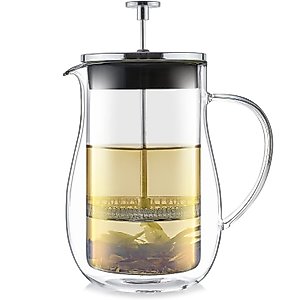 Teabloom Louvre Insulated Glass Tea Press – 34 OZ (4 Cups) – Loose Leaf Tea Steeper – Brew and Serve Hot Tea – Tea Connoisseur's Choice