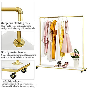 BOSURU Modern Rolling Clothing Rack on Wheels Industrial Pipe Clothes Rack with Wood Shelf Heavy Duty Metal Garment Rack for Laundry Room, Retail Store Gold 47" L