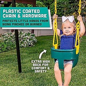 Premium High Back Full Bucket Toddler Swing Seat with Finger Grip, Plastic Coated Chains and Carabiners for Easy Install - Green - Squirrel Products