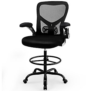 Drafting Chair,Tall Standing Desk Chair Comfortable Office Chair with Foot Ring Flip-up Padded Arms Height Adjustable Computer Task Chair Ergonomic Mesh Mid-Back Desk Chair,Black