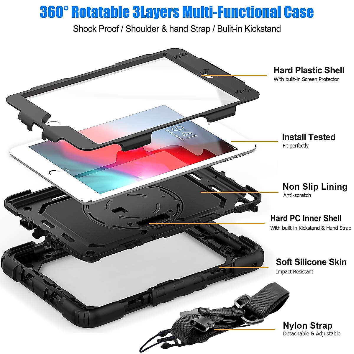 SEYMAC stock Case for iPad Mini 5/4 with Screen Protector Pencil Holder [360 Rotating Hand Strap] & Stand, Drop-Proof Case for iPad Mini 5th/4th Generation 7.9 inch (Black)