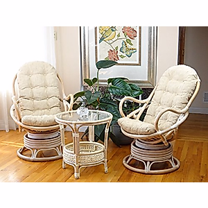 SK New Interiors Lounge Swivel Rocking Java Chair Rattan Wicker Handmade with Cream Cushion, White Wash