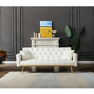 73" Modern Velvet Sofa Bed Futon,Convertible Sleeper Sofa Couch with 3 Angle Adjustable Backrest, Modern Loveseat with 4 Golden Metal Legs for Living Room and Bedroom (Beige)