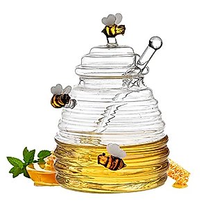 MuginoHo Honey Jar with Dipper and Lid Glass Honey Pot Container Dispenser for Home Kitchen Store Honey and Syrup, Unique Beehive Shape Honeypot