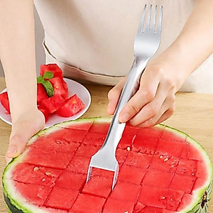 Generic 1 Pcs 2-in-1 Stainless Steel Fruit Cutter, Watermelon Slicer Cutter, Watermelon Fork Slicer Cutter Slicer Tool, Dual Head Fruit Forks Slicer Knife for Home Kitchen Gadget, 0.01, Silver