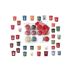 Yankee Candle 12 Fall and Winter Votive Samplers in Box Plus Bonus Organza Sachet Bag - Autumn and Holiday Scent Bundle