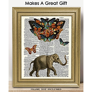 Elephant With Butterfly Balloons Dictionary Wall Art Print: Unique Room Decor for Boys, Men, Girls & Women - (8x10) Unframed Picture