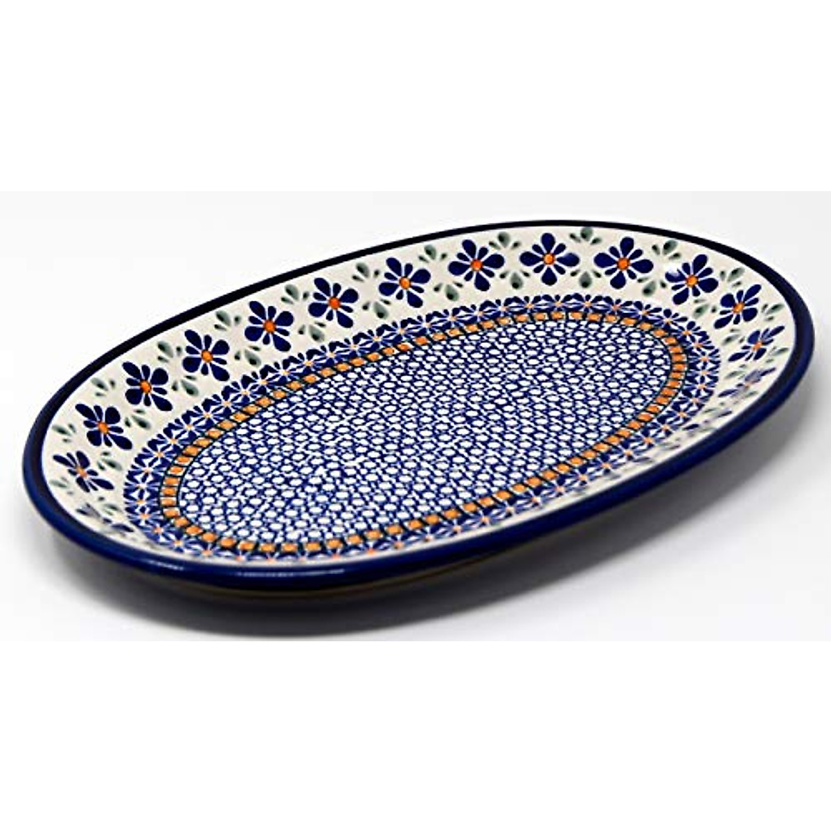 Polish Pottery Oval Serving Platter From Zaklady Ceramiczne Boleslawiec Mosaic Flower Pattern, Dimensions: 12 Inch X 7.75 Inch