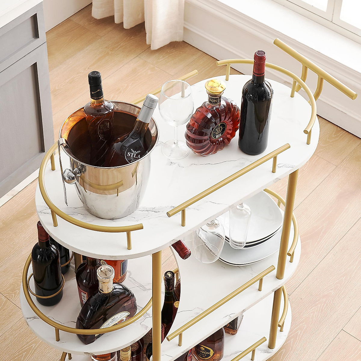 J-yaamiZz Gold Bar Carts with 4-Tier Storage Shelves, Mobile Bar Serving Cart with Wine Rack and Glass Holder for Kitchen, Living Room, Dining Room