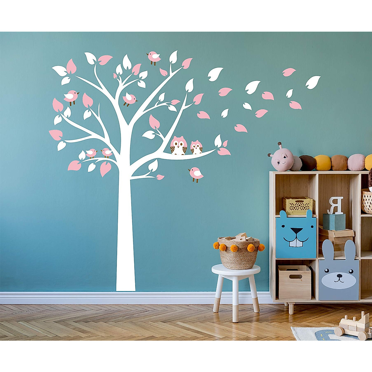 LUCKKYY Cute Owls with Birds Stand on The Tree Wall Decals Tree Wall Decals Tree Wall Sticker for Kid Baby Nursery Room (87x78") (Pink.)