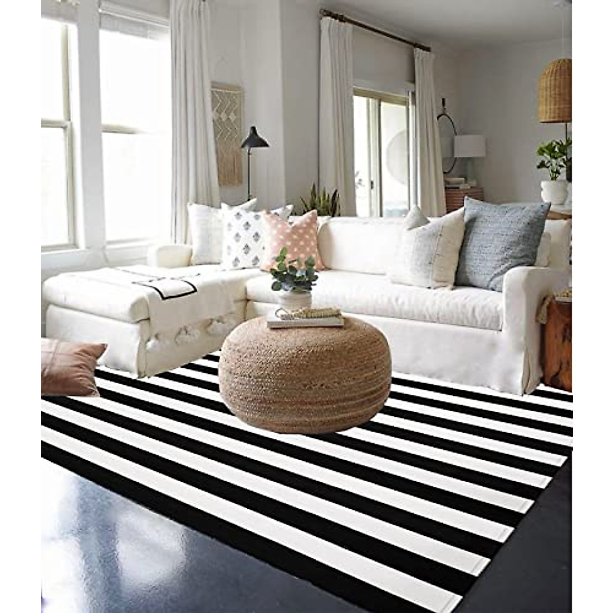 Ckorzen Cotton Black and White Striped Rug 8x10 Reversible Hand-Woven Washable Retro Lattice Striped Outdoor Rugs Black and White Area Rug for Kitchen, Dining Room, Bedroom, Living Room