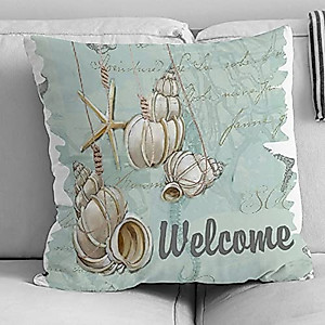 WoGuangis Welcome to Our Beach House Starfish Throw Pillow Cushion with Zippe Beach Home Throw Pillow Starfish Sea Life Home Decorative Throw Pillowcase for Sofa Living Room White Linen 24x24in