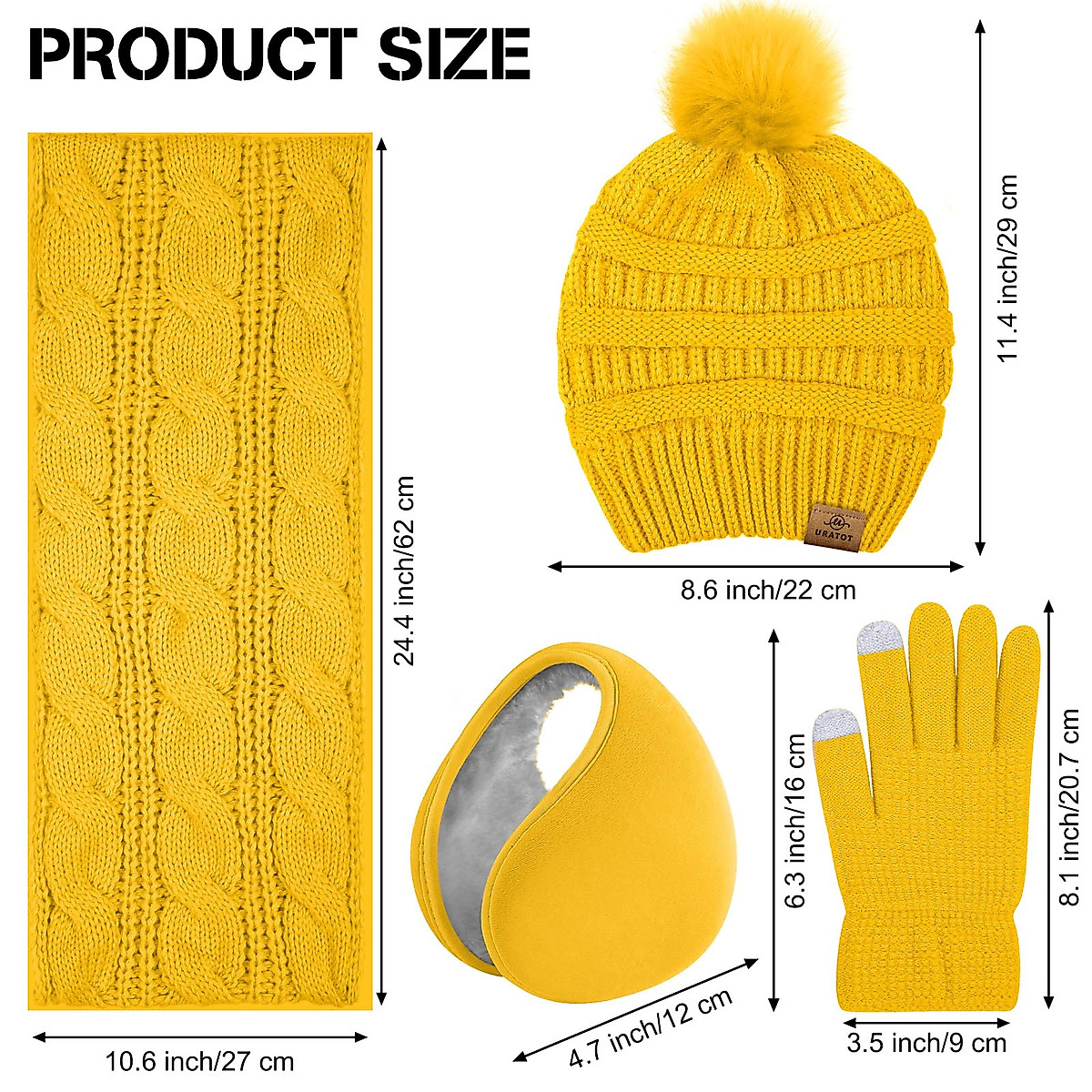 URATOT Winter Warm Sets Knitted Scarf Beanie Pompom Hat Touch Screen Gloves and Winter Ear Warmer Set for Men or Women