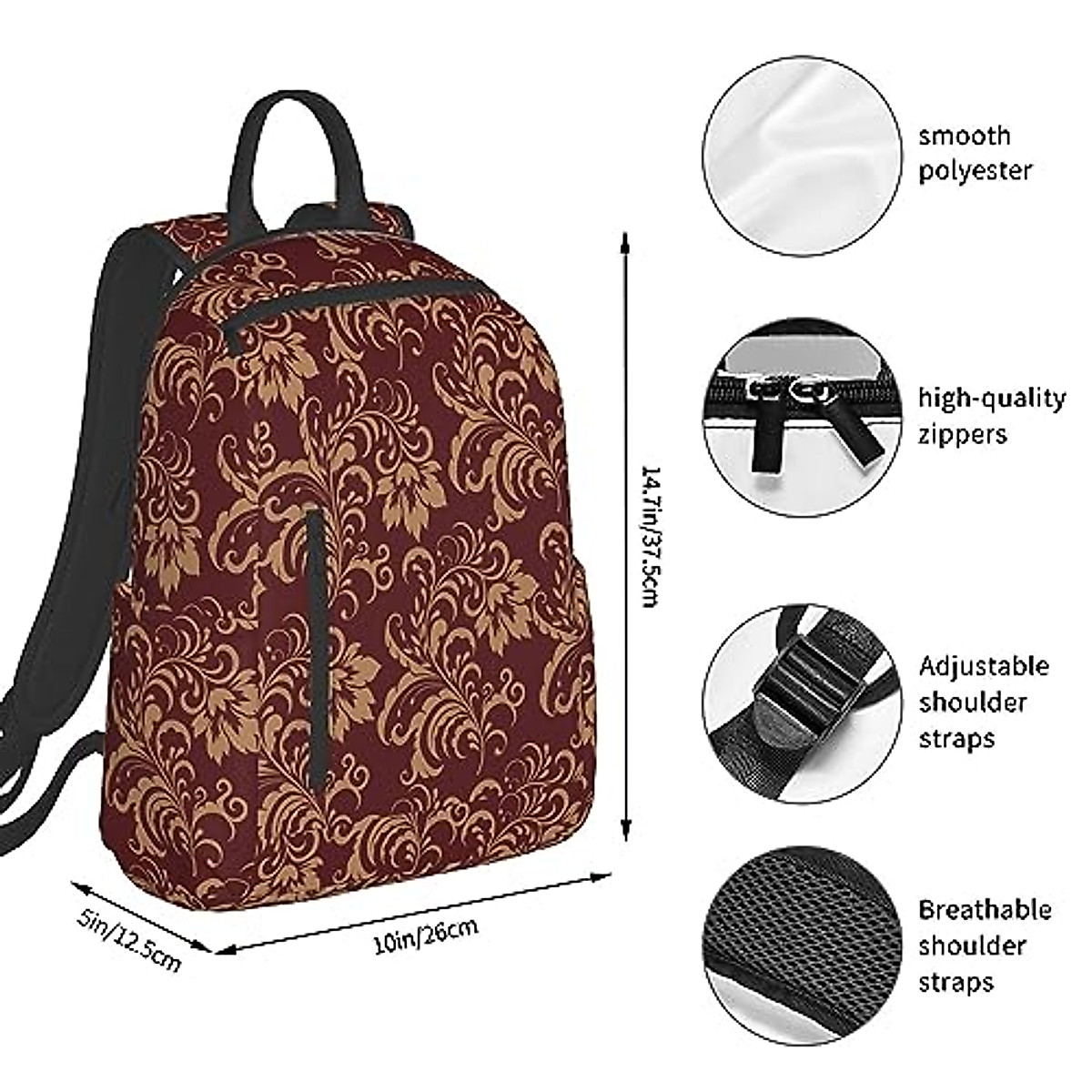 JZDACH Laptop backpack travel backpack large diaper bag doctor bag backpack for women & men (for Flower Maroon Gold Floral Classy Burgundy Antique)