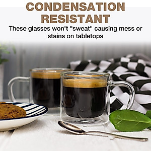 Eparé 4 oz Glass Espresso Cups - Set of 2 - Insulated Clear Mug with Handle - Double Walled Italian Demitasse Cup - Cafe Cappuccino Shot Glasses