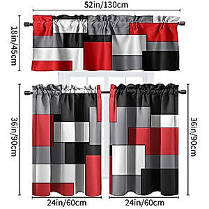 HAISUKA Red Kitchen Curtains Tiers and Valances Set of 3 Black Grey Red Kitchen Decor and Accessories Abstract Art Kitchen Window Curtains for Cafe Living Room