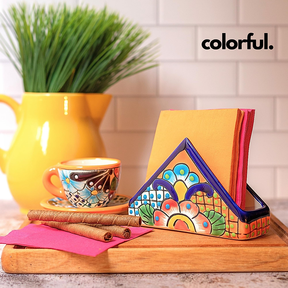 Ceramic Cocktail Napkin Holder - Authentic Mexican Pottery - for Kitchen Countertop | Dinner Table | Indoor & Outdoor Use Tissue and Letter Holder - Mexican Style Talavera Servilletero (Multicolor)