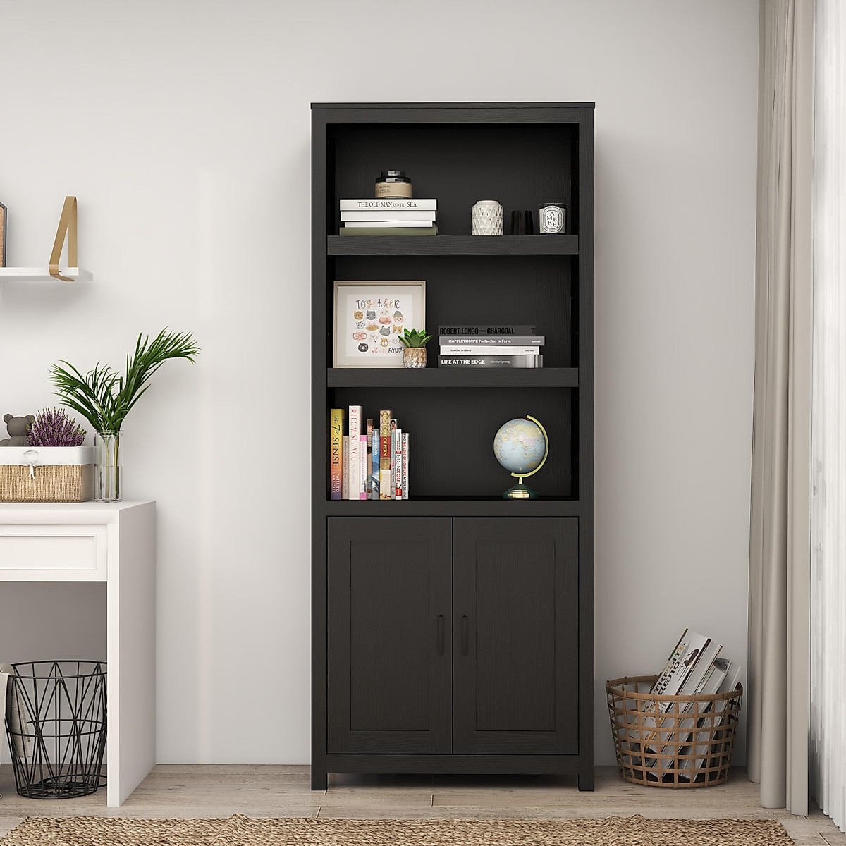 Panana Bookcase with Doors, 5 Shelves Free Standing Display Bookshelf with Cabinet Storage Organizer Home Office Furniture (Black)