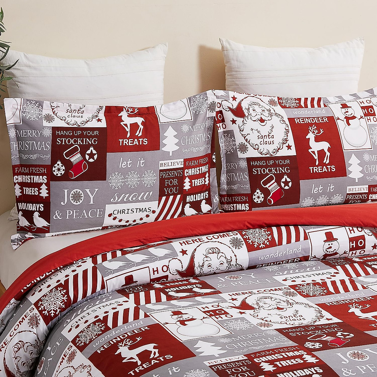 Vaulia Soft Microfiber Duvet Cover Set, Snowflake Pattern Christmas Holidays, Reversible Pattern Design White/Red Santa, King Size 3-Piece Set (1 Duvet Cover 2 Pillow Shams)