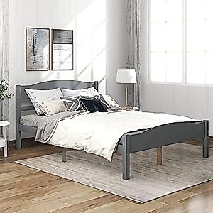 STP-Y Full Size Platform Bed, Rockjame Wood Bed Frame with Horizontal Strip Hollow Shape Headboard, Footboard and Center Support Feet, Perfect for Kids, Teens and Adults (Gray)