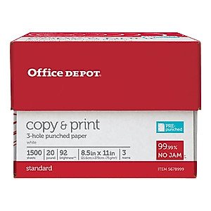 Office Depot® 3-Hole Punched Multi-Use Printer & Copy Paper, 3 Reams, White, Letter (8.5" x 11"), 1500 Sheets Per Case, 20 Lb, 92 Brightness
