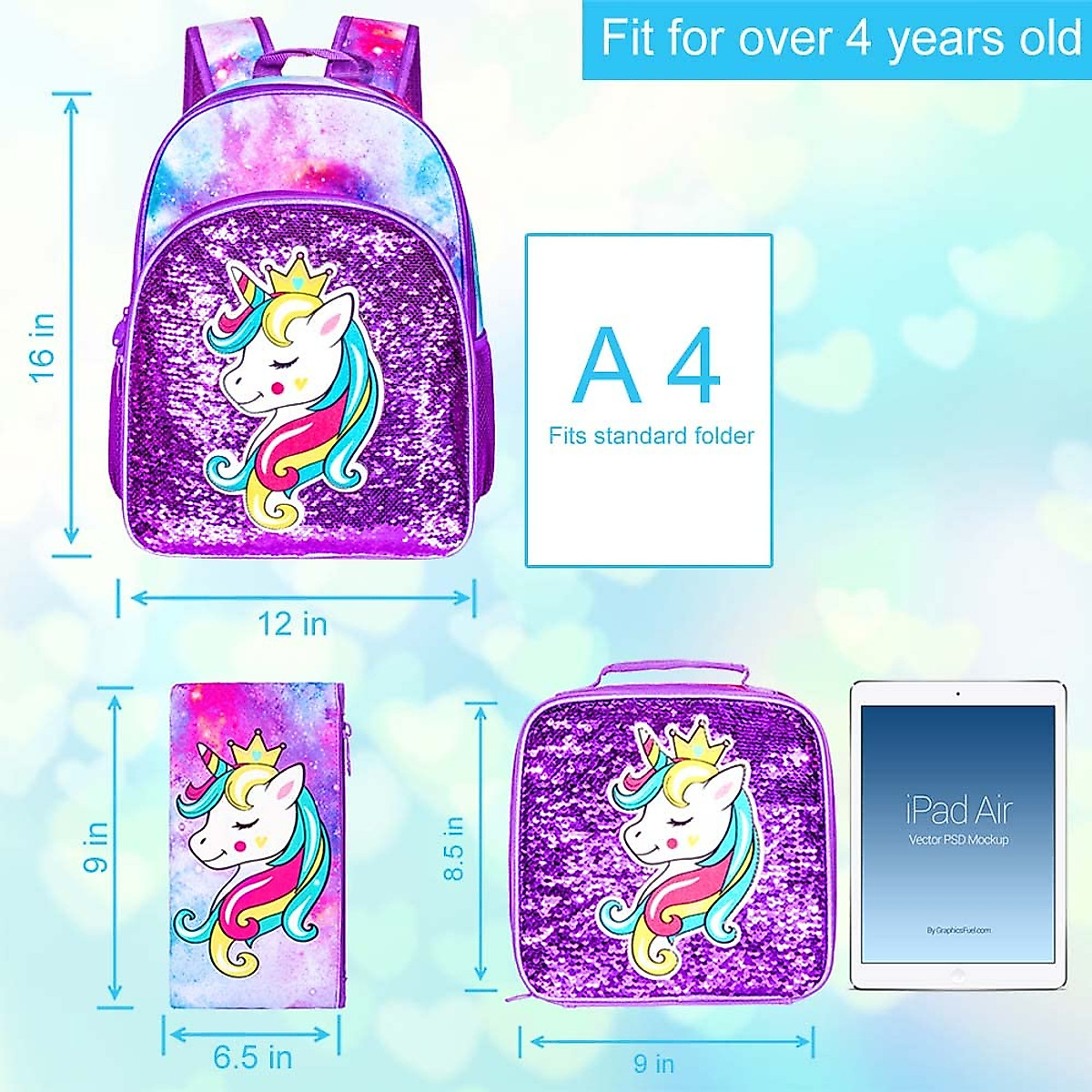 TXHVO 3PCS Unicorn Backpack for Girls, 16" Sequin Kids Bookbag with Lunch Box, School Backpacks for Elementary Preschool Preschool- Purple