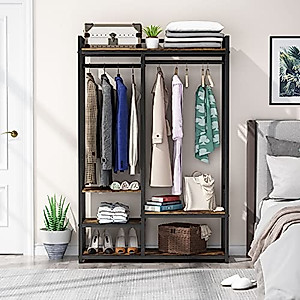 Tribesigns Free-Standing Closet Organizer, Large Double Rod Clothes Garment Rack with Shelves and Tie Rack, Heavy-duty Wardrobe Closet Storage Organizer Clothing Shelving for Bedroom (Rustic Brown)
