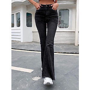 Floerns Women's High Waisted Flare Jeans Frayed Raw Hem Bell Bottom Denim Pants Black L