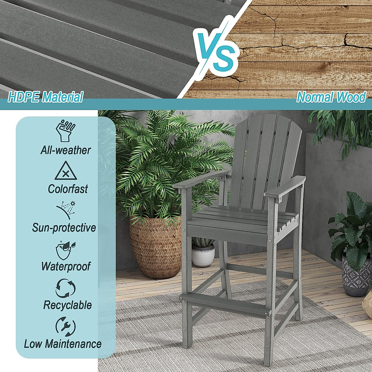 Giantex Outdoor HDPE Bar Stool, Tall Adirondack Chair with Armrests and Footrest, 30 Inches Counter Height Bar Stool for Garden, Backyard, Weather Resistance, Easy Maintenance (2, Gray)