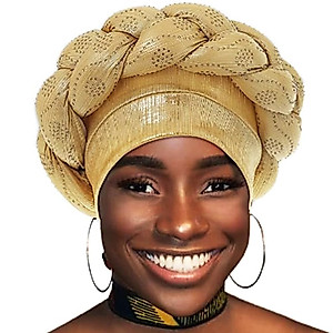 Woeoe Women African Turban Gold Braid Beanie Cap Headwear Pre-Tied Rhinestone Twisted Head Turbans