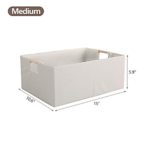 LaMorée Fabric Storage Bin Box Foldable Cotton Linen Storage Basket with Wooden Handles Rectangular Cube Decorative Home Laundry Organizer Clothes Blanket Container – Beige, Medium