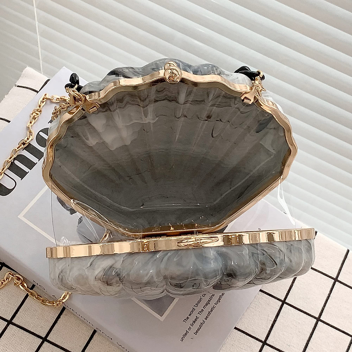 Felice Ann Women Mini Seashell Evening Clutch Handbag Top-Handle Bag Chain Strap Cross-body Shoulder Bag Print Grey