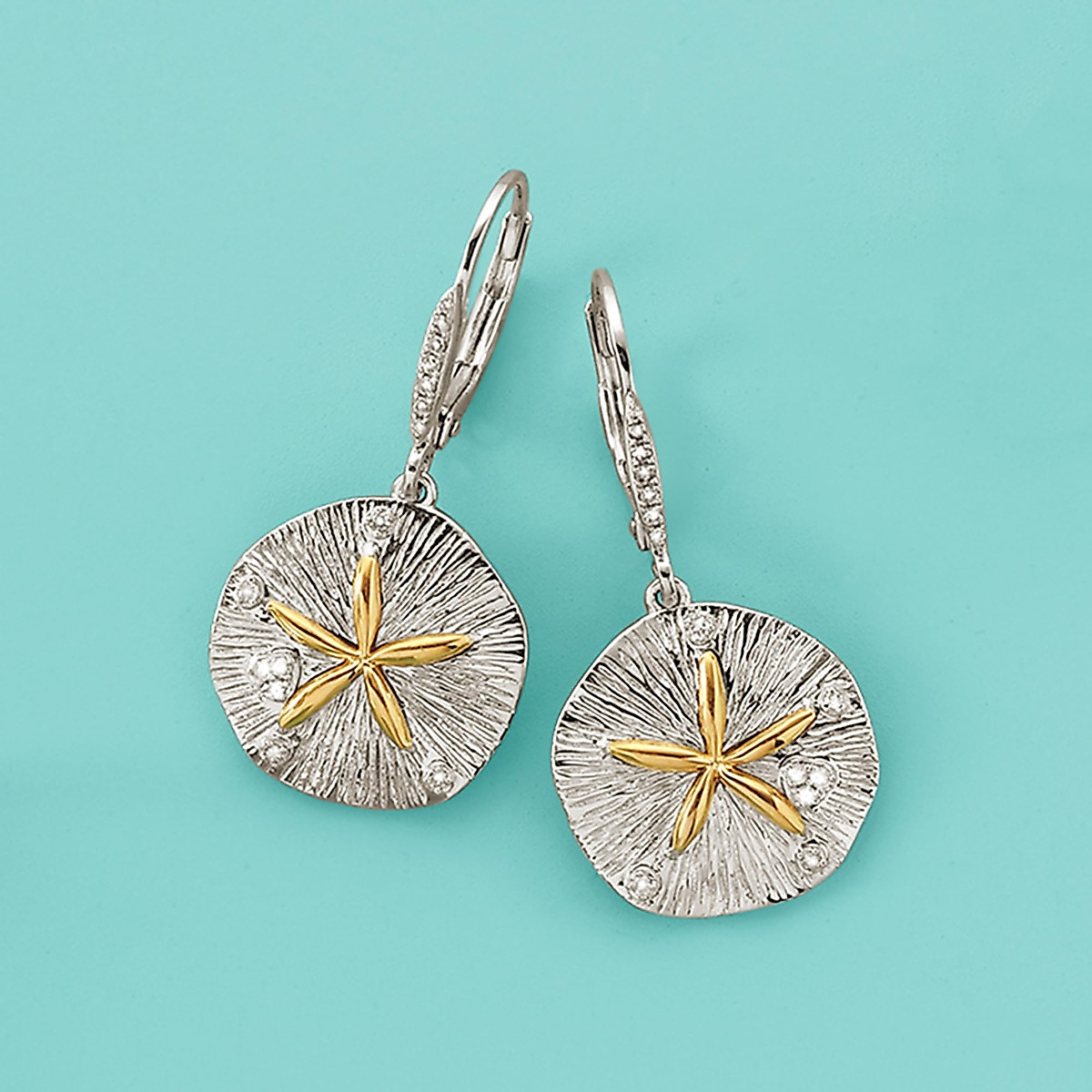 Ross-Simons Sterling Silver and 14kt Gold Sand Dollar Drop Earrings With .10 ct. t.w. Diamonds