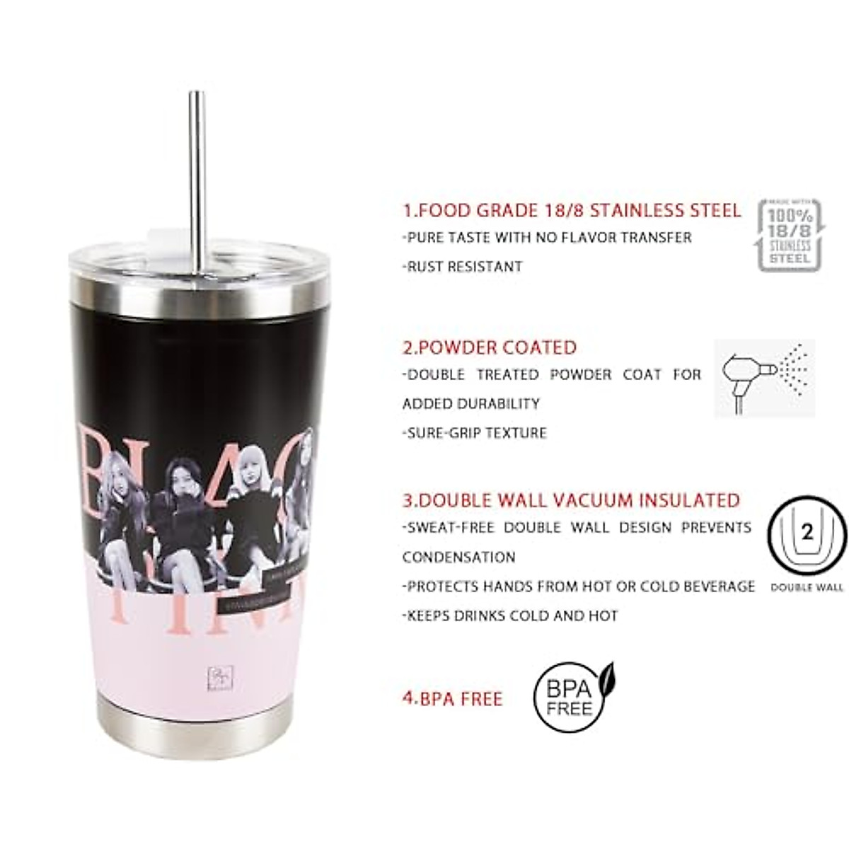 Maxerkeep 20OZ Tumbler with Leak-Proof Straw Lid & Flip Lid， 2 Metal Straws,1 Cleaning Brush，Insulated Coffee Mug Water Cup Black and Pink water bottle jisoo jennie rose lisa