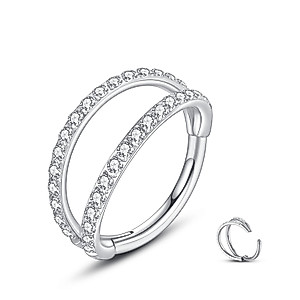 Yaoyaoyors Double Diamonds Nose Rings 20G 8mm Hinged Septum Piercing Jewelry Cartilage Earrings Stainless Steel Helix Hoop Daith Ring with Shiny Clear CZ Silver Color