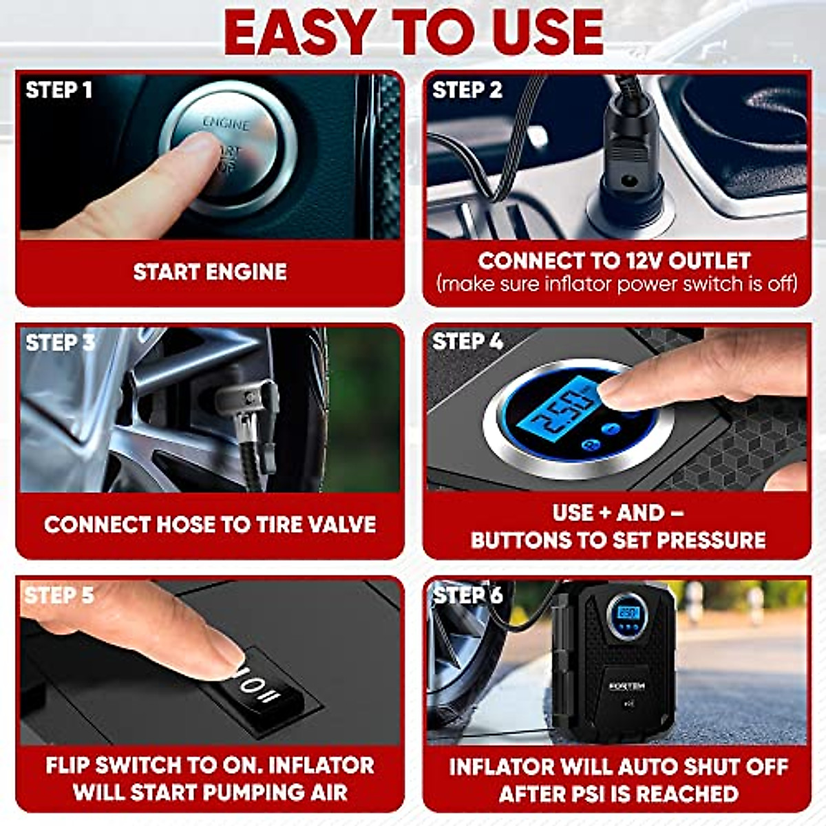 FORTEM Tire Inflator Portable Air Compressor 150 PSI, 12V Electric Bike Pump for Car Tires and Bicycles with LED Light, Digital Tire Pressure Gauge w/Auto Pump/Shut Off, Carrying Case (Black)