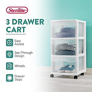 Sterilite 28308002 3 Drawer Cart, White Frame with Clear Drawers and Black Casters, 2-Pack