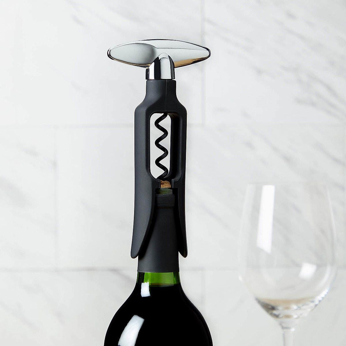 True Twister Self Pulling Compact Corkscrew Wine Bottle Opener - Ergonomic Easy-turn Key Bar Accessory, 6 Inches, Black