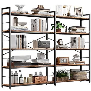 MECHYIN Bookshelf 5 Tiers, Industrial Corner Bookcases, H65×L82 Large Etagere Bookshelf Open Display Shelves with Metal Frame for Living Room, Bedroom and Home Office (Rustic Brown)