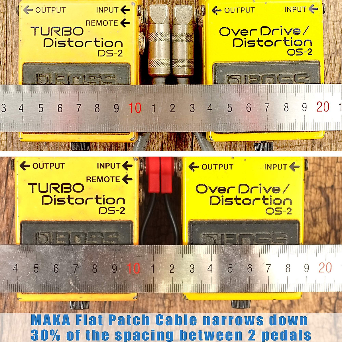 M MAKA Flat Low Profile Guitar Patch Cable 12 inch 1 Foot for Effects Pedals, 1/4 inch Right-Angle, Red, 3-Pack New Version