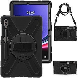 for Samsung Galaxy Tab S7 FE SM-T730 T733 T736 Case 12.4 inch Tablet Case 3 in 1 Hard Plastic Frame + Double Silicone [Hand Strap & Shoulder Strapp] - H