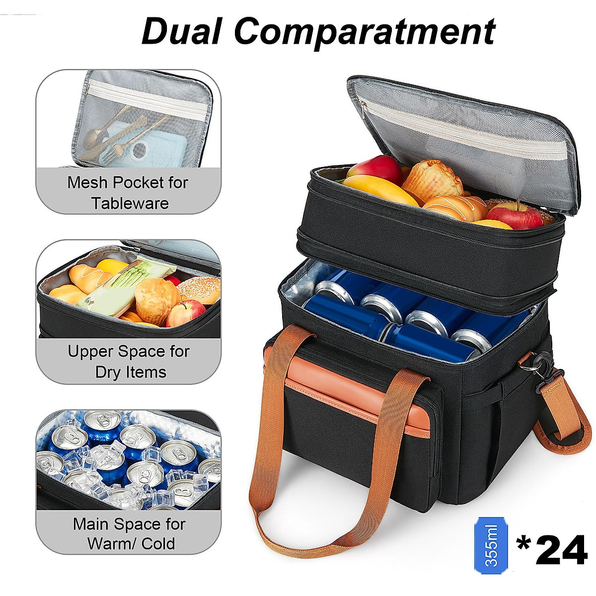 HSHPX Insulated Lunch Box Lunch Cooler Bag for Men: Expandable Large Lunchbox for Picnic Work Office Outdoor - Reusable Double Deck Lunch Tote for Adults Black Brown 15L