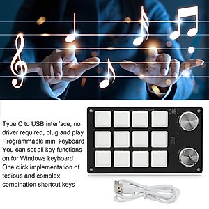 One Handed Programmable Mechanical Keyboard, 12 Keys RGB Programmable Macro Keyboard with Knob Plug and Play Multifunctional Mechanical Gaming Keypad Function Keypad for